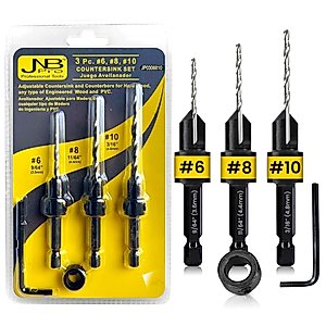 JNB Pro Wood Countersink Drill Bit Set 3 Pieces #6 (9/64') #8 (11/64") #10 (3/16") Avellanador para Madera with Adjustable Stop Collar and Hex Wrench - Quick Change Woodworking Drill Bits
