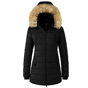 wantdo Women's Winter Warm Long Parka Coat Thicken Outerwear with Hood Black M