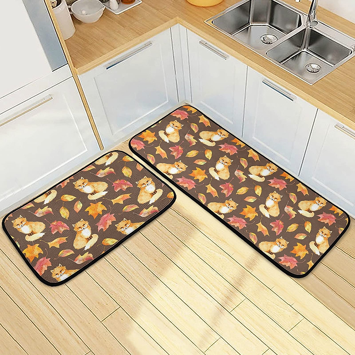 Cute Fox Fall Leaves Kitchen Mat Set of 2 Anti-Fatigue Kitchen Rug Set Non Slip Foam Cushioned Kitchen Runner Rugs and Mats Comfort Standing Mat for Floor Laundry Home Decor