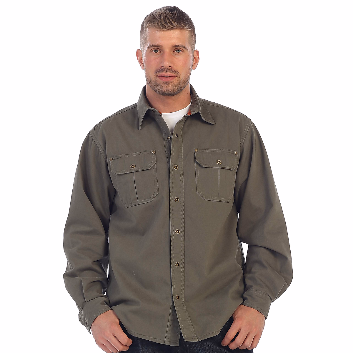 Gioberti Men's Brushed and Soft Twill Shirt Jacket with Flannel Lining, Olive, L
