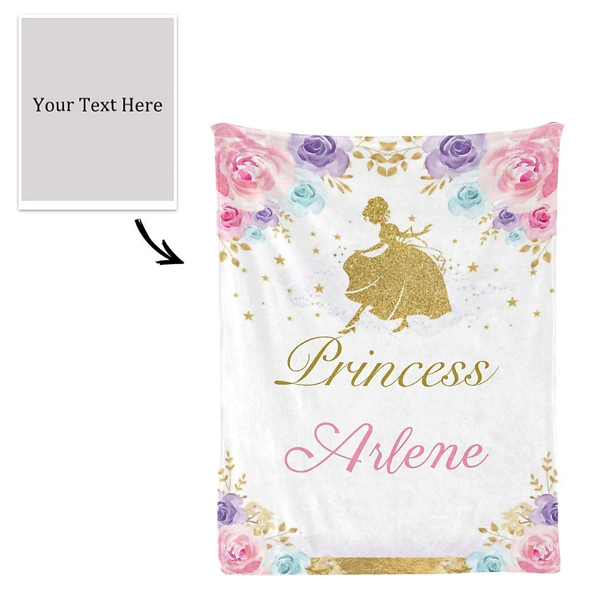 Yeshop Princess Floral Pink Purple Personalized Receiving Baby Blankets for Girls with Name,Customized Swaddle Blankets Gift for Newborn Crib Infants 30x40 Inches