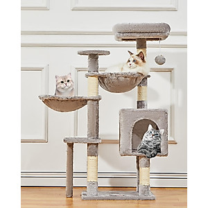Taoqimiao Cat Tree, 39.4-Inch Cat Tower for Indoor Cats,Suitable for Kittens,Plush Cat Condo with 5 Scratching Posts, Plush Perch,2 Hammock,Pompoms, MS019W Light Gray