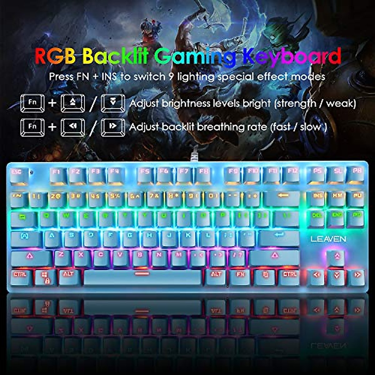 Wired Keyboard and Mouse Combo,87 Keys Compact Multicolour Backlit Keyboard and 6 RGB Lighting Gaming Mice 6400 DPI for Windows PC Gamers (Blue)