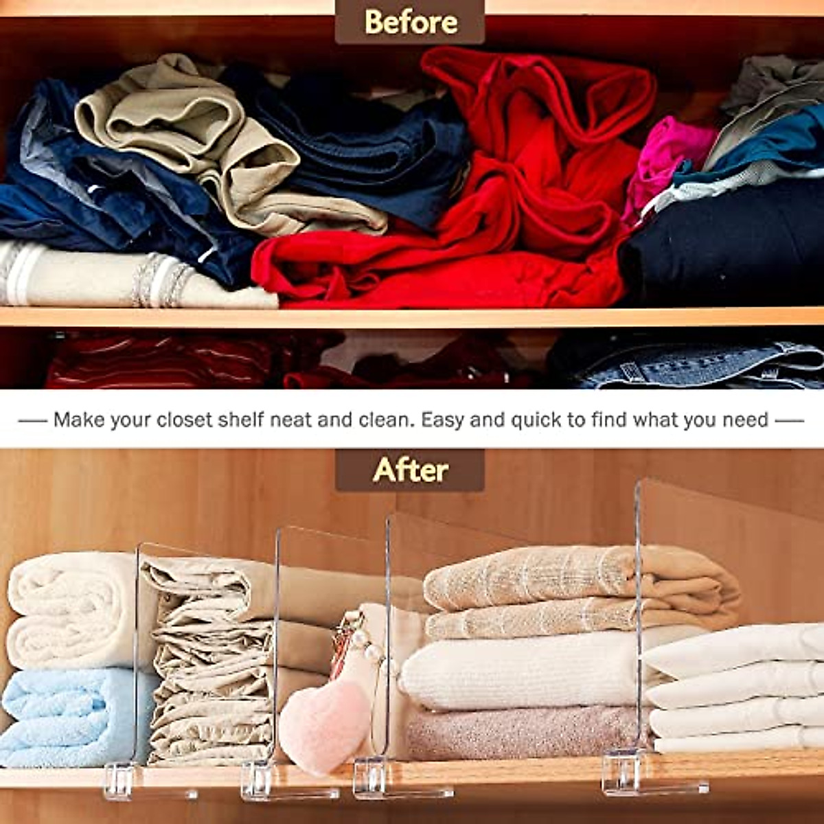 Sclvdi Acrylic Shelf Dividers,4 Pcs Closets Shelf Organizer for Clothing Handbags Books in Pantry, Bedroom and Kitchen, Adjustable Clear Closet Separator Wood Shelves Organize