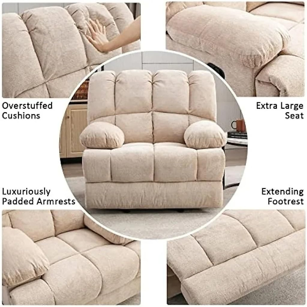 XIAODOU Oversized Rocker Recliner Chair, Manual Recliner Single Sofa Couch, Soft Fabric Overstuffed Rocking Chair