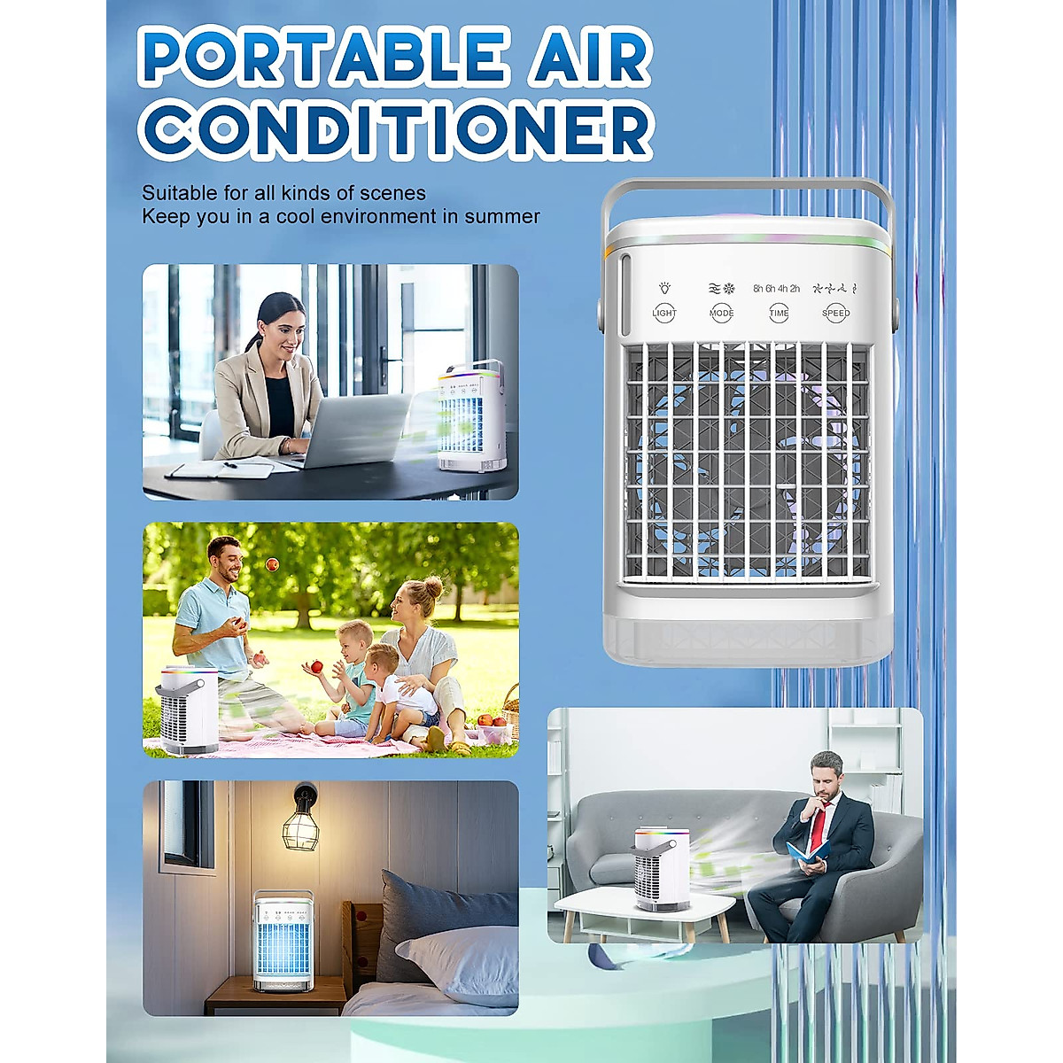 Portable Air Conditioners, 4 Speeds Evaporative Air Cooler Humidifier 600ML Waterbox Mini Air Conditioner, 2/4/6H Timer, 2 Misting Modes and LED Light, Perfect for Home Office Bedroom Camping