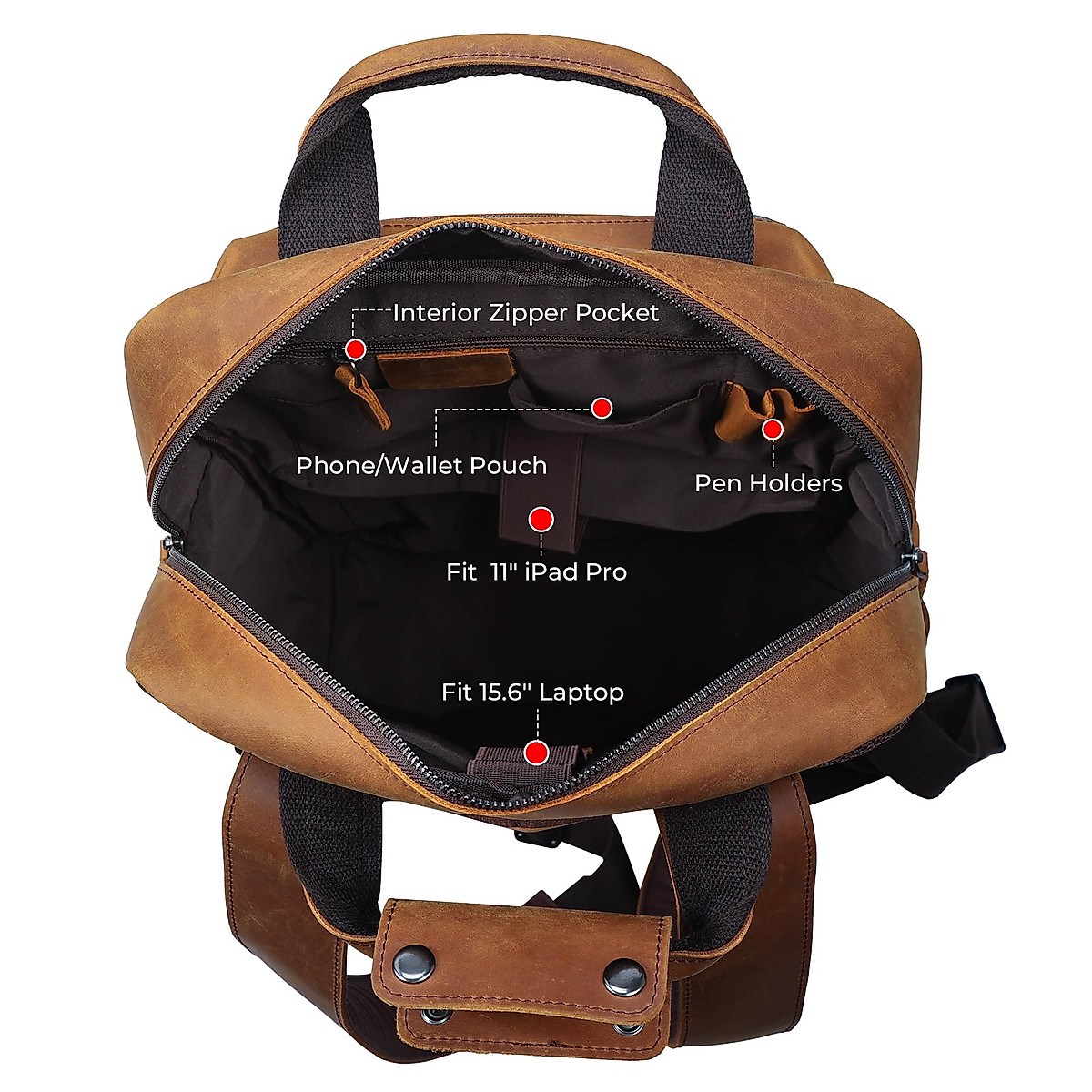 Full Grain Cowhide Leather Multi Pockets 16 Inch Laptop Backpack Travel Bag (Dark Brown(Updated Version))