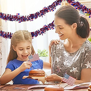 Whaline 4Pcs 26Ft 4th of July Tinsel Garland Patriotic Red Blue Tinsel Twist with American Flag Metallic Tinsel Hanging Ornament for Independence Day Memorial Day Home Party Decoration