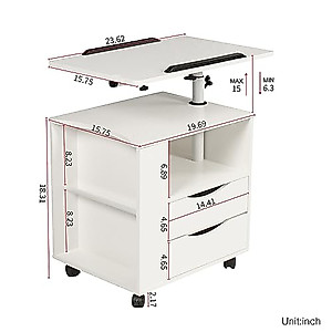 EKSED Multifunctional Height Adjustable Nightstand, Overbed End Table Wooden Night Stand with Swivel Top,Bedside Table with Storage Drawers, Wheels and Open Shelf, Easy Assembly, White