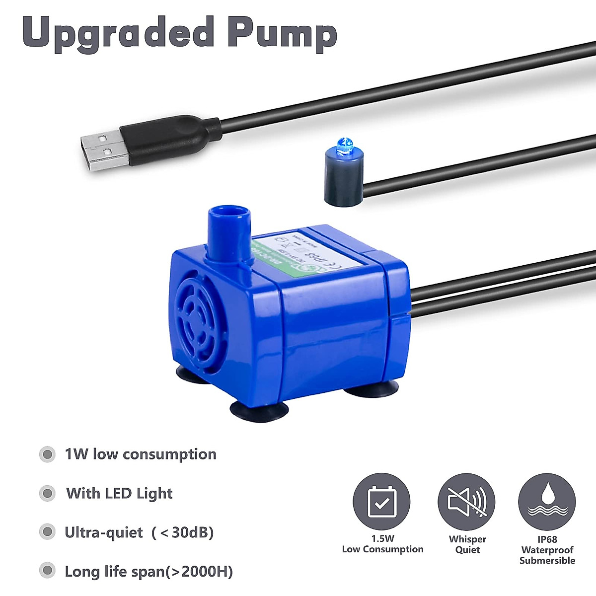 Cozyieland Automatic Cat Pet Water Fountain, Faucet spout, Translucent LED Light, 67oz, Ultra Quiet, AC Adapter (Grey)