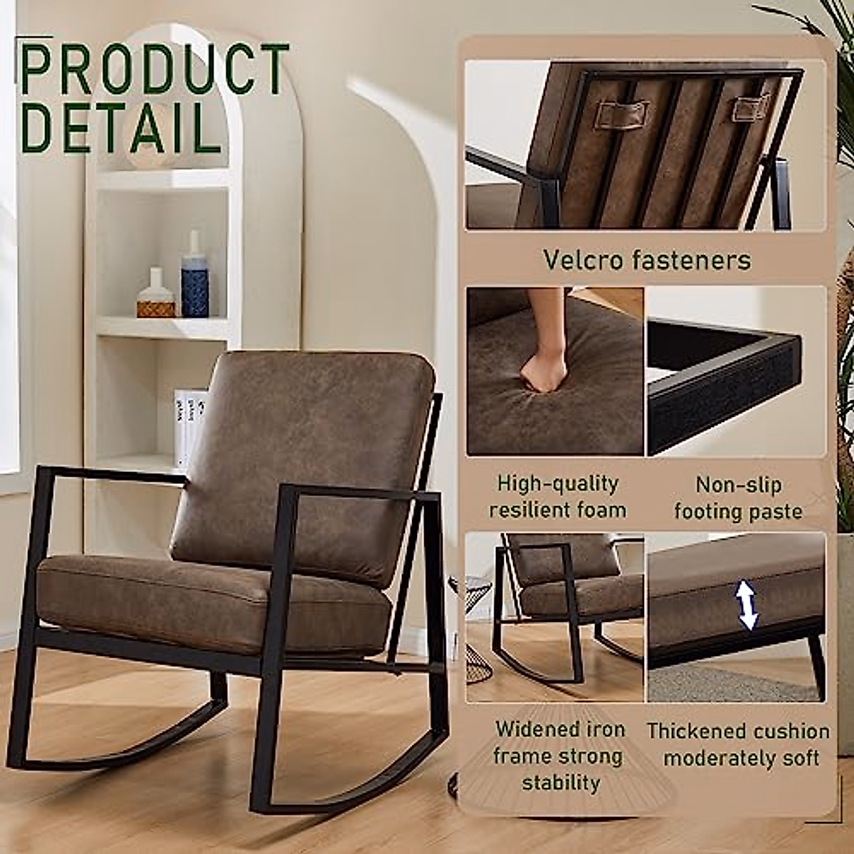 worldchoice Leather Rocking Chair Glider Chair for Nursery Upholstered Rocking Chair with Removable Cushion Cover Single Sofa Lounge Chair for Living Room Bedroom Reading Balcony, Brown