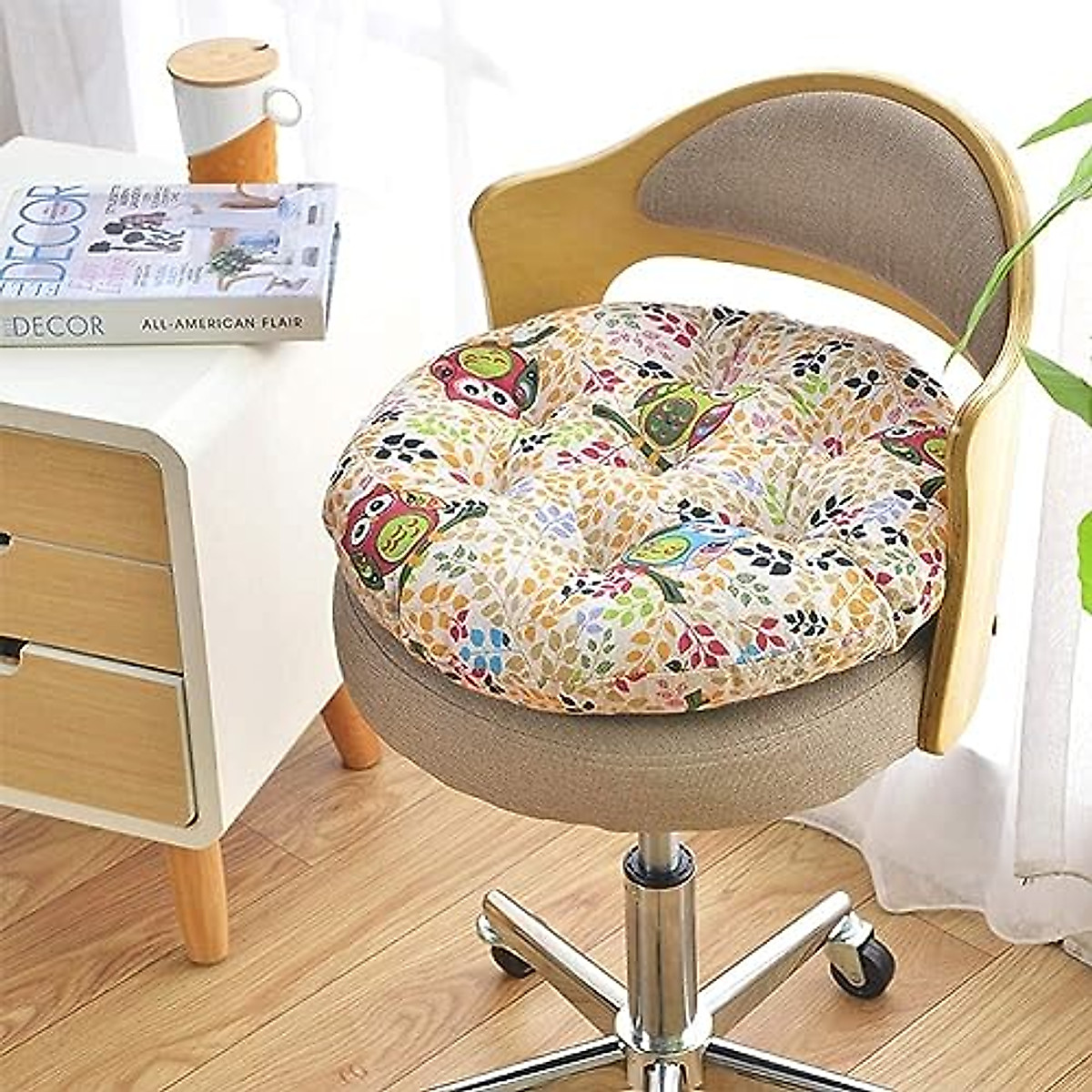 JAIJY French Chair Round Chair Seat Thick Dining Chair Cushion Soft Boho Comfortable Indoor Patio Furniture Seat Cushion Geometric Pattern Office Chair Mat (Owl,20")