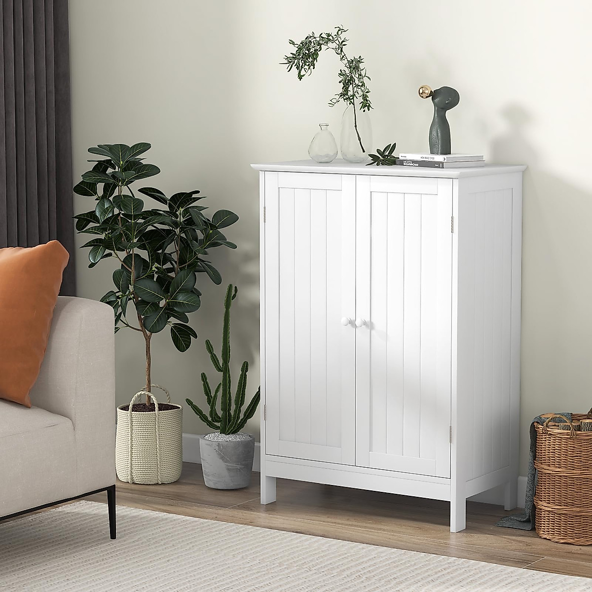 BECOMFORT Bathroom Storage Cabinet, Freestanding Floor Cabinet with Double Doors & Adjustable Shelf, Modern Home Furniture, Bathroom Organizers and Storage for Living Room, Entryway, Kitchen (White)