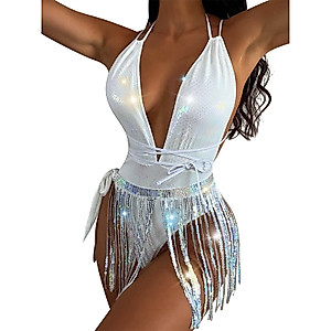 Rave Outfits for Women Festival Clothing Alien Costume Women Sexy Halloween Fairy Costumes Space Cowgirl Outfits Cosplay Dress Up Shiny Bra Crop Top Swimsuit Bikini Sets White Snakeskin Large