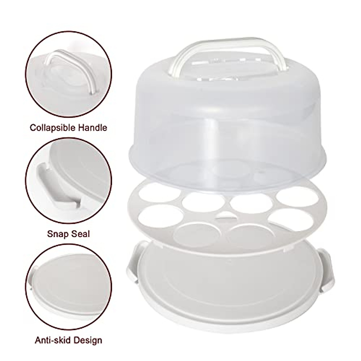 Garmeinea Cake Carrier Cupcake Containers with Lid and Handle Portable Storage & Transport Container Holder 10” Cake Stand for Cake Cupcakes Nuts Pies Muffins Cookies Fruit White