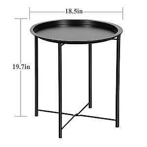 VECELO Side/End Table, Folding Round Metal Anti-Rust and Waterproof Outdoor or Indoor Tray for Living Room Bedroom Balcony and Office, 1 PCS, Black