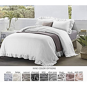 meadow park Stone Washed French Linen Duvet Cover Set 3 Pieces - Super Soft, Full/Queen 90 inches x 92 inches - Shams 20 inches x 26 inches, Ruffled Style - Button Closure - Corner Ties, White Color