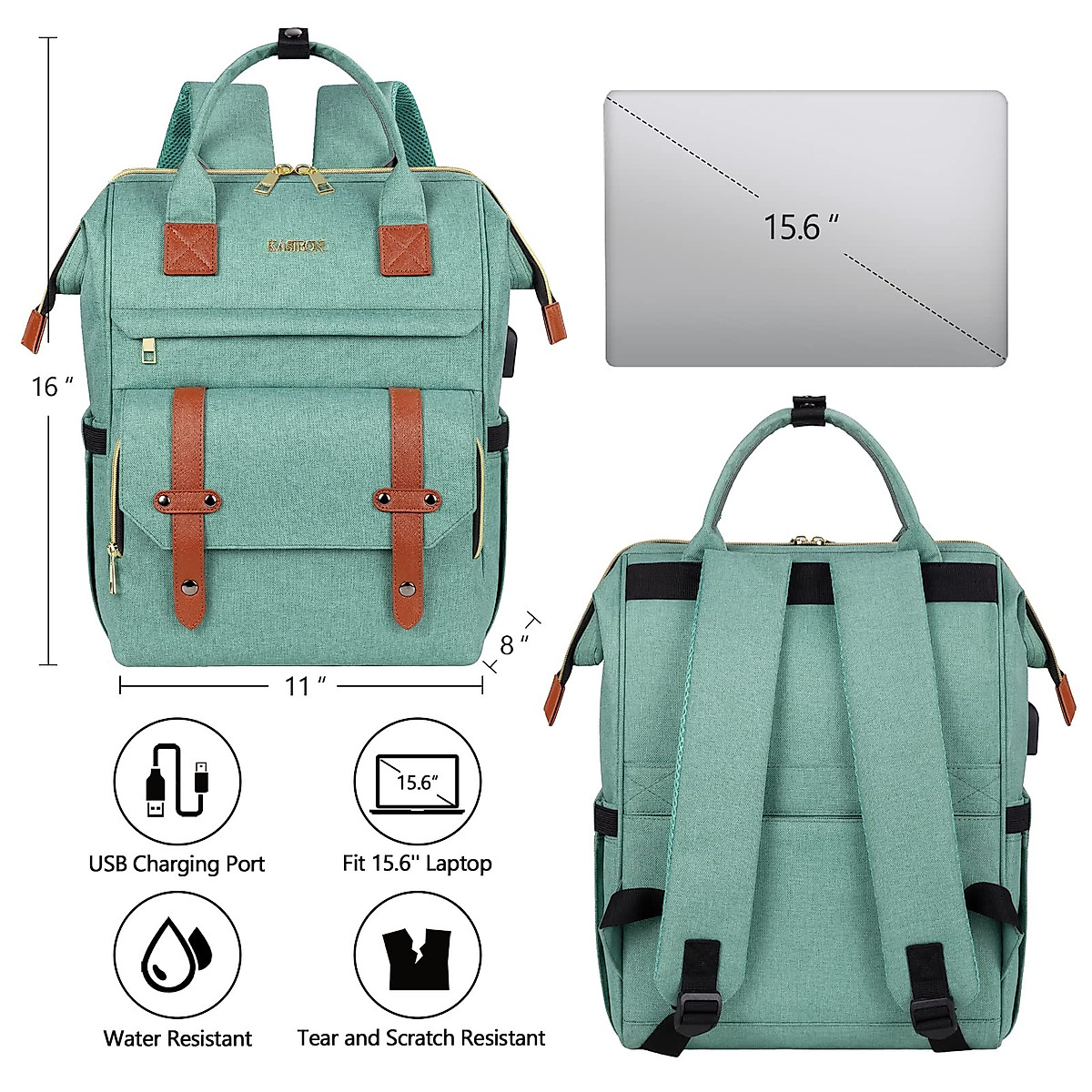 kasibon Travel Laptop Backpack for Women Men, Wide Top Open College School Work Computer Bag Back Pack Book Bag Casual Water Resistant Anti Theft USB Charging Port Fits 15.6 Inch Notebook