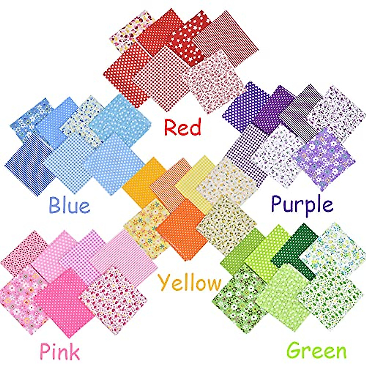 42Pcs 10"x10" Quilting Cotton Fabric Squares Sheets Pre-Cut Multi-Color Design Printed Floral Craft Fabric for DIY Sewing Scrapbooking Quilting Craft Patchwork (Red/Pink/Yellow/Green/Blue/Purple)