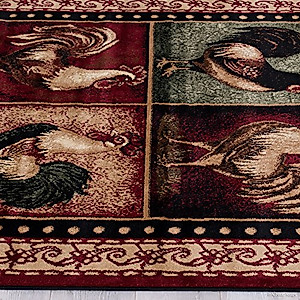 Allstar 4x5 Red and Black Cabin Rectangular Accent Rug with Ivory and Green Wildlife Rooster Design (3' 9" x 5' 1")