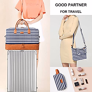 Oflamn Weekender Overnight Bag for Women with Shoe Compartment, Travel Duffle Bag Set with Hand Tote Bag & Toiletry Bag (Blue Stripes)
