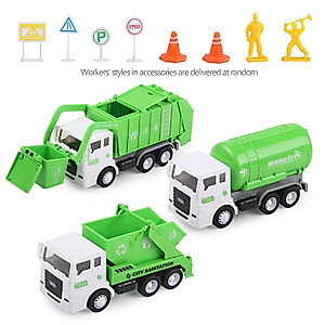 FIVEDAOGANG Toy Vehicles Set 3 Pack Sanitation Truck Car Model Garbage Trucks Water Tanker Playset with 8 Signpost Friction Power for Boys Age 3+ Toddlers Kids Holiday Birthday Gift Children