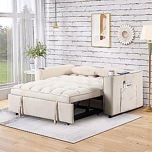 FULife 58" Convertible Sofa Couch with Pull-Out Sleeper,Adjustable Loveseat Armchair Single Bed Chair with Cup Holder,USB Port,Side Pocket&Pillows for Living Room/Apartment/Office/Studio/Small Place