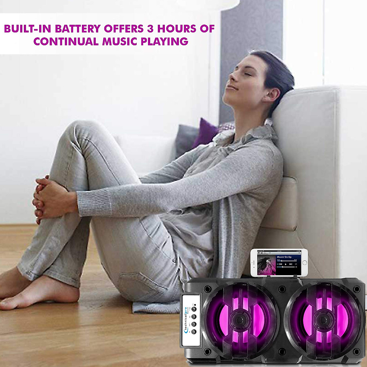 Technical Pro Rechargeable LED Bluetooth Speaker with USB, SD card, FM Radio, Perfect Travel Comfortable Portable Speaker with Carry handle, 2 Dual 4" (10.2cm) Subwoofers