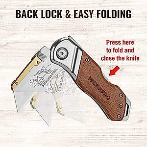 WORKPRO Folding Utility Knife with Belt Clip and Extra 10-piece Blades, Wood Handle Heavy Duty Cutter, Quick-change & Back Lock