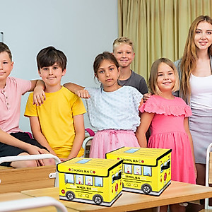 Sweetude 2 Pcs School Bus Treasure Box for Classroom, Foldable Chest Storage Box Toy Box Chest with Lid Treasure Storage Organizer Bin for Kids Teachers Toy Prizes Awards for Students (Yellow)