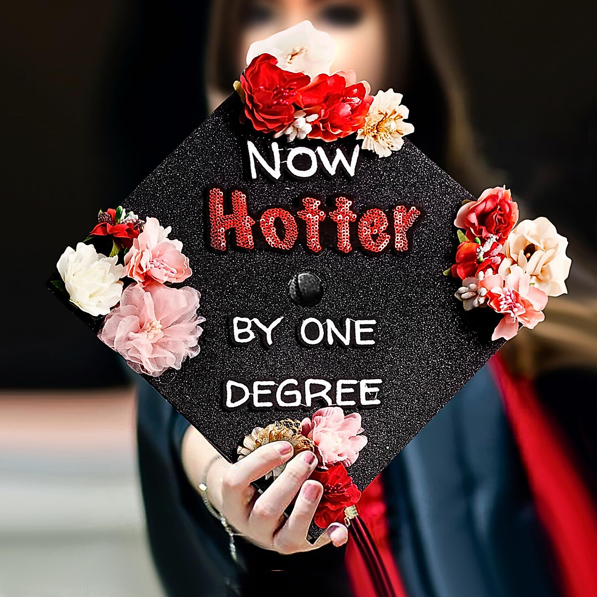 GRADWYSE Black Glitter Graduation Cap Topper with Flowers, Graduation Cap Decorations, Class of 2024 Grad Cap Topper, Now Hotter by One Degree