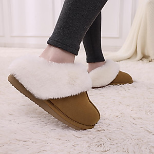 Litfun Fuzzy House Slippers for Women Fluffy Memory Foam Suede Slippers with Faux Fur Collar Indoor Outdoor, Brown 40/41 (Size 7.5-8)