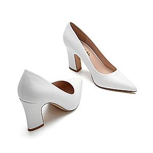 HHTCAL Closed Pointed Toe White Chunky Block Heel Pumps High Heels for Women Sexy Elegant Formal Work Office Ladies Dress Shoes US Size 8.5