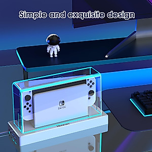 Mooroer Dust Cover with 16 LED Colors Light Base for Nintendo Switch/OLED, Acrylic Clear Display Box Anti-Scratch Waterproof Slim Dock Case, Cool Switch Accessories