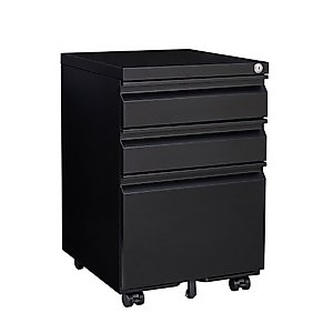 Gustonhon 3-Drawer Mobile File Cabinet with Lock,Under Desk Home Office Storage Filing Cabinet for Legal/Letter Size, Pre-Assembled Metal File Cabinet Except Wheels (Black)
