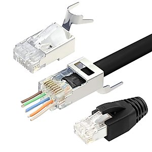VCELINK Cat7 Cat6A RJ45 Pass Through Connectors Shielded 30-Pack, 3-Prong 50μ Gold Plated Modular Plug Ethernet Ends with Strain Relief Boots (Black)