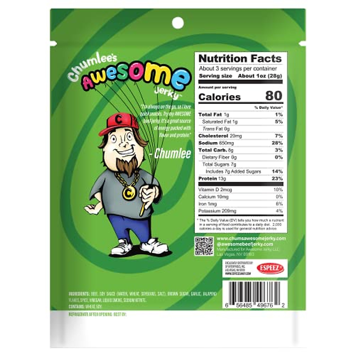 Chumlee's Awesome Beef Jerky, Handcrafted Meat Snack, High Protein, Jalapeno Garlic 3 oz Bag