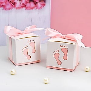BEISHIDA Pink Baby Girl Shower Favor Boxes Footprint Party Favor Boxes Candy Boxes with Ribbons for Gender Reveal Party Newborn Baby Shower Party Favor (25pcs，2.4 inch)