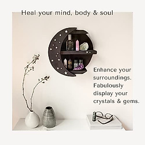 HOMENOOK Crescent Moon Shelf Set with Amethyst and Rose Quartz Crystals & Stars - Black Moon Shelf Wall Decor or Tabletop - Display for Crystals and Accessories - Made with Paulownia Wood