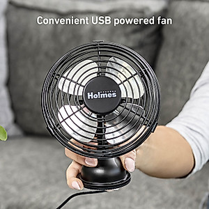 HOLMES 4" Mini Heritage Desk Fan, USB-Powered, Single Speed, 4 Blades, Adjustable 100° Head Tilt, Metal Construction, Ideal for Home, Dorm Rooms, Bedrooms, Office or Travel, Vintage Matte Black