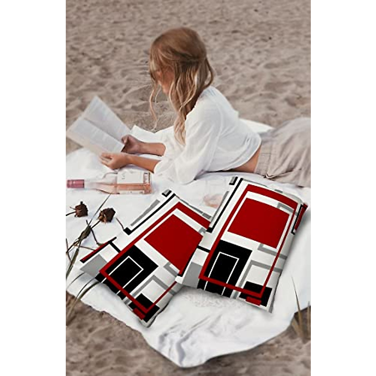 Red Gray Black Geometric Lumbar Pillow Covers 12 x 20 Inches, Modern Abstract Art Aesthetics Waterproof Throw Pillow Cover Set of 2, Decorative Rectangle Cushion Covers for Patio/Tent/Couch/Garden