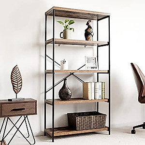 Tangkula 5-Tier Bookcase, Rustic Industrial Bookshelf, Décor Accent Display for Home, Office, Living Room, Bedroom, Wood Shelves w/Metal X-Shaped Frame, Display Bookshelf (Brown)