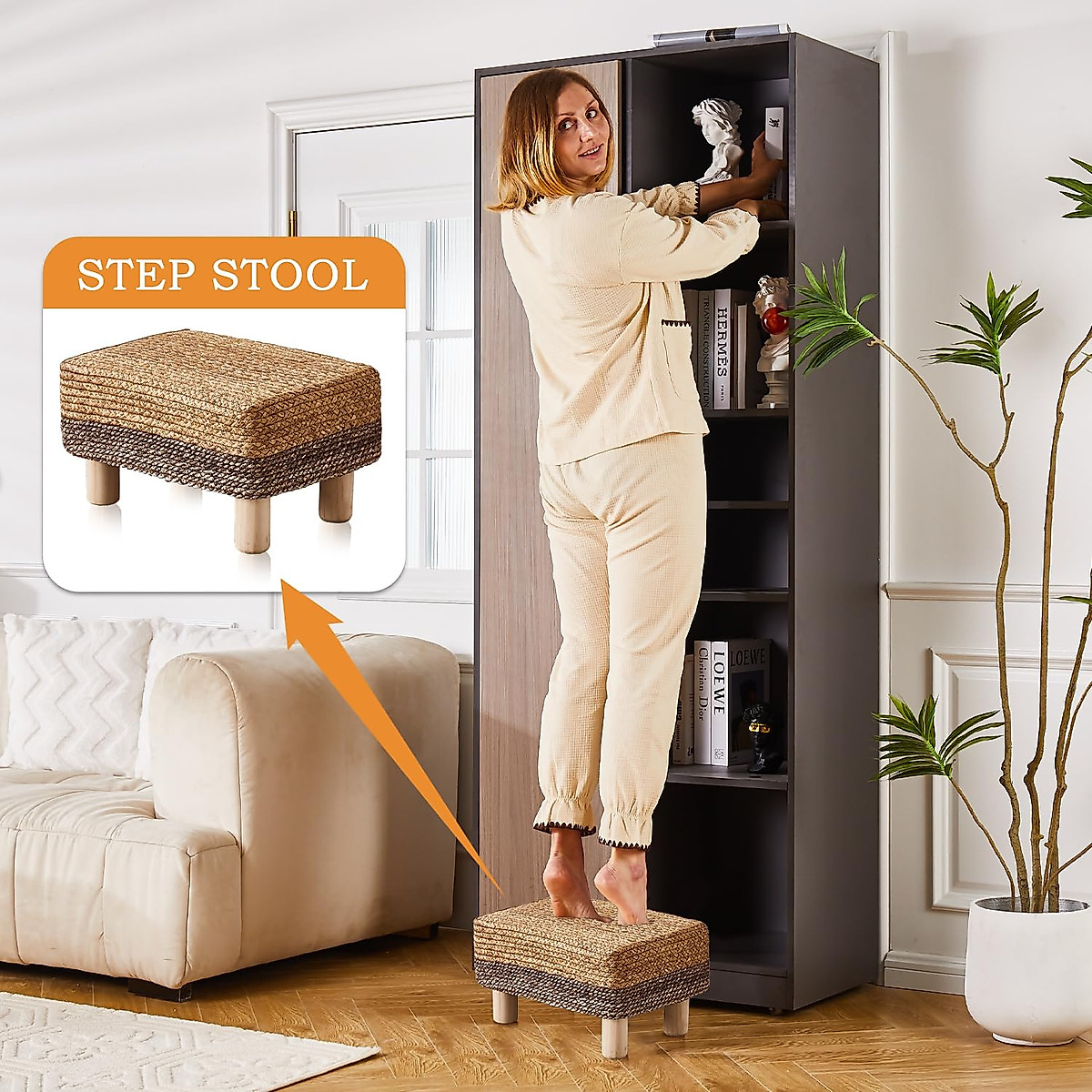 Cpintltr Foot Stool Ottoman Rectangular Footrest Pouf Ottomans Natural Seagrass Footstool with Wooden Legs Hand Weave Step Stool for Living Room Bedroom Entryway Purple