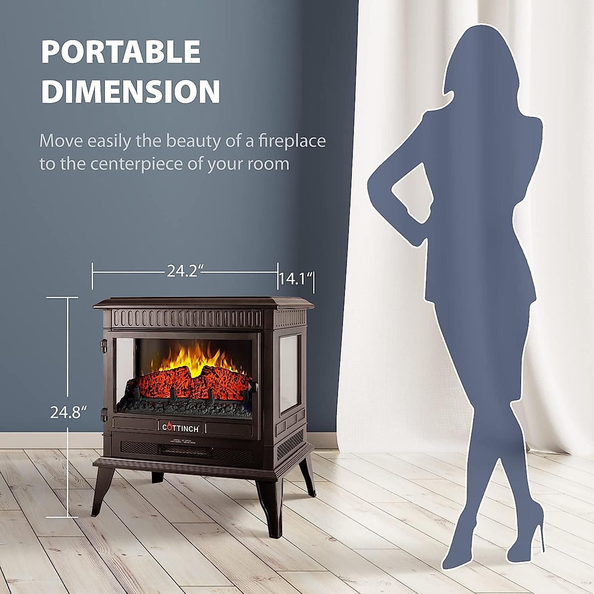 25" Electric Fireplace Heater with Logs, Lights, 3D Flame Effects - 1400W, Free Standing for Living Rooms