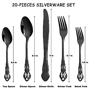 Black Silverware Set for 4, Stainless Steel Gorgeous Retro Royal Flatware Set, 20-Pieces Cutlery Tableware set, Kitchen utensils set Include Spoons And Forks Set, Mirror Finish, Dishwasher Safe
