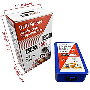 MaxTool 26 Pieces Drill Set 26PCs/26-Piece Twist Drill Bit Set High Speed Steel M2 Fully Ground Letter A to Z; JBS02H10R26