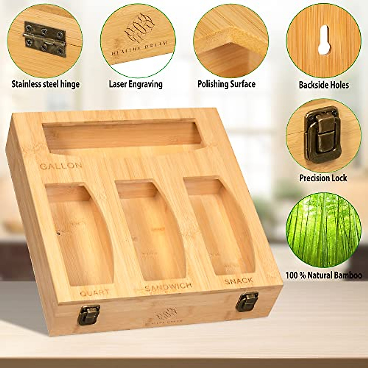 HEALTHY DREAM Bamboo Ziplock Bag Storage Organizer and Dispenser for Kitchen Drawer - Compatible with Ziploc, Hefty, Glad, Solimo for Snack, Sandwich, Quart and Gallon Size Storage Bags (4 in 1)