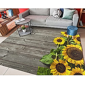 ALAZA Yellow Floral Sunflower Wooden Non Slip Area Rug 5' x 7' for Living Dinning Room Bedroom Kitchen Hallway Office Modern Home Decorative