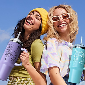 Personalized 40 Oz Tumbler with Handle and Straw, Custom Stainless Steel Insulated Tumbler with Name and Engraved Birth Month Flower, Travel Coffee Mug Personalized Gifts for Women and Girls