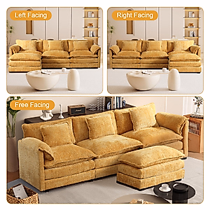 112" Sectional Couches for Living Room, L Shaped Modular Sofa Cloud Couch, Deep 3 Seater with Movable Ottoman, Modern Oversized Comfy Chenille Sofas for Apartment, Office, (Yellow)